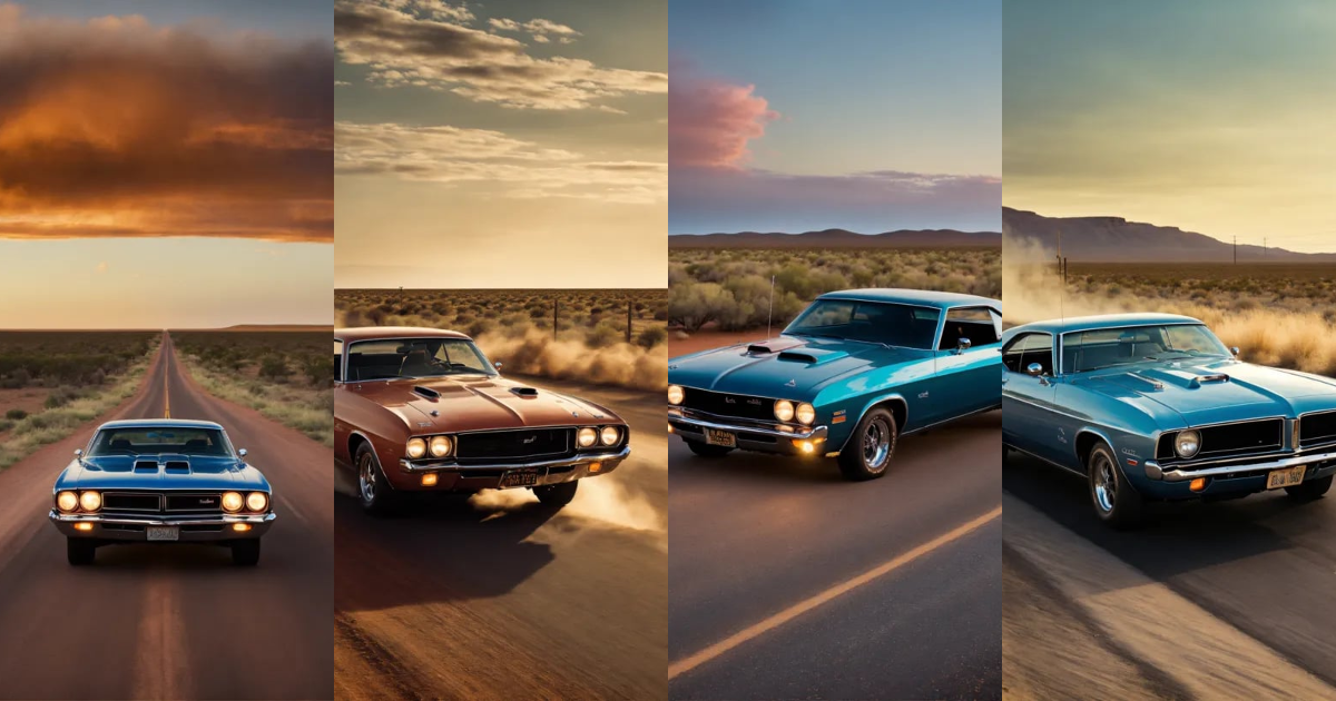 Lexica - A photograph of a classic muscle car driving on a wide road in ...