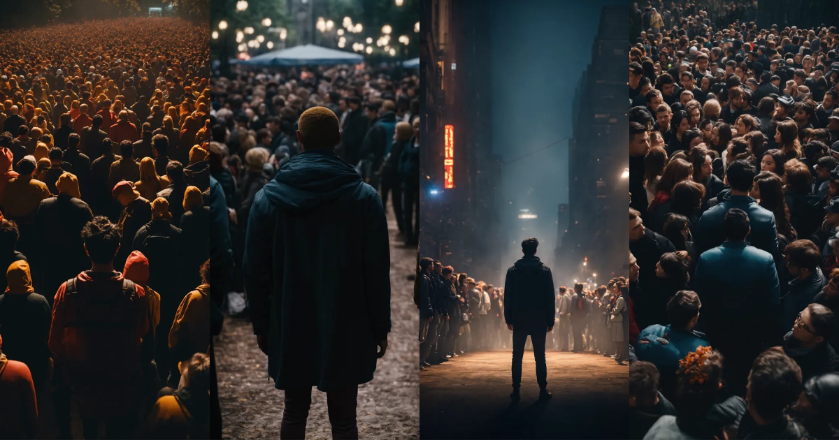 Lexica - A lone person getting surrounded by a crowd of people, surreal ...