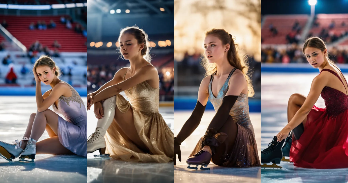 Lexica - Figure skating competition the girl fell and sits on the ice holding her bruised hand ...