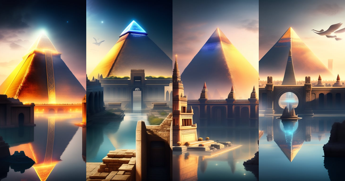 Lexica - A distant view of a single white glowing magical great pyramid ...