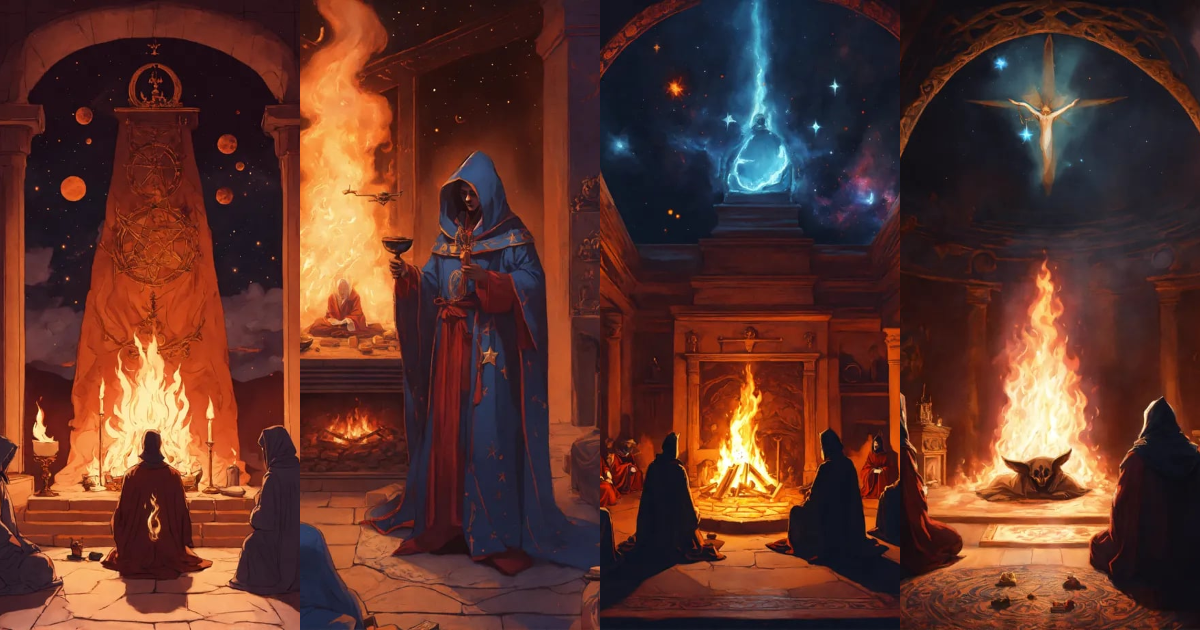Lexica - Occult member wearing robes, gathered around a fireplace ...