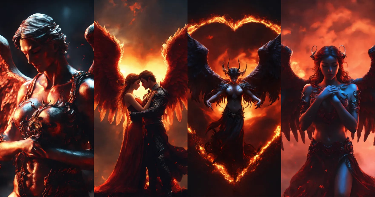 Lexica - An angel flying hugging a demon flying, forming a heart shape ...