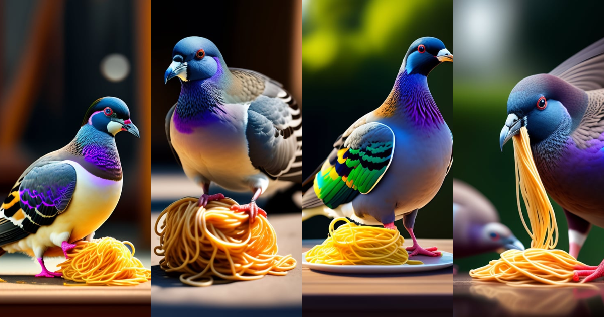 Lexica - A pigeon eats spaghetti in a yard