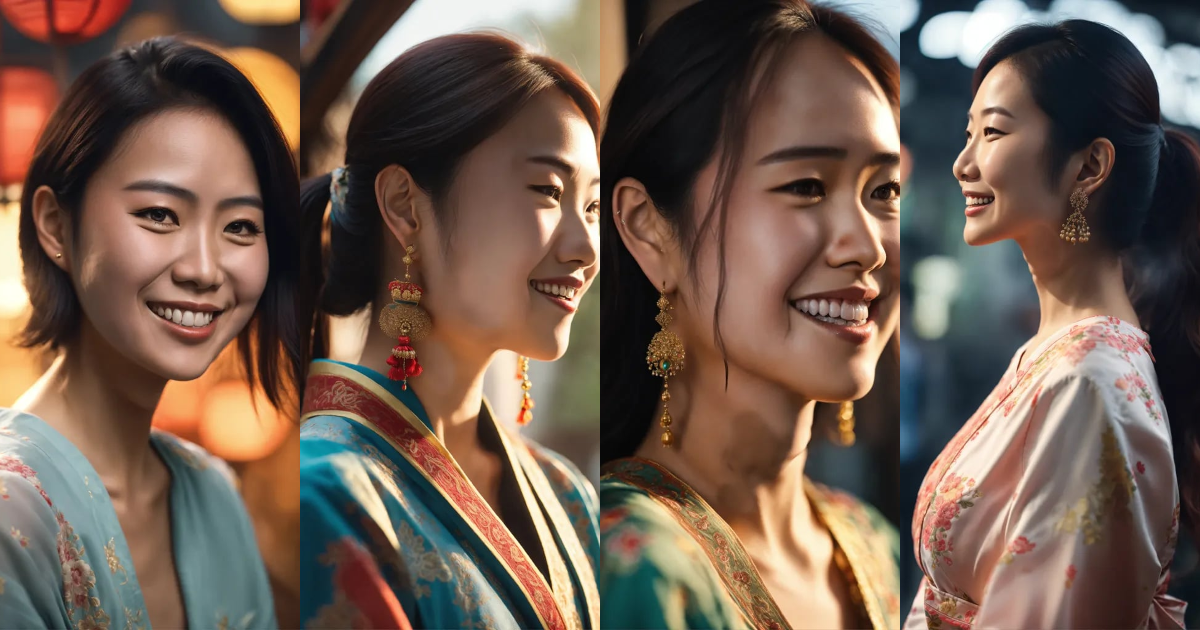 Lexica - Cinematic photo side view of happy asian woman, high ...