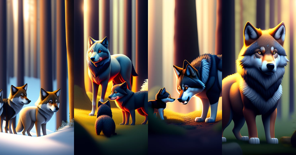 Lexica - Wide shot. A children book illustration about 3 little wolves ...