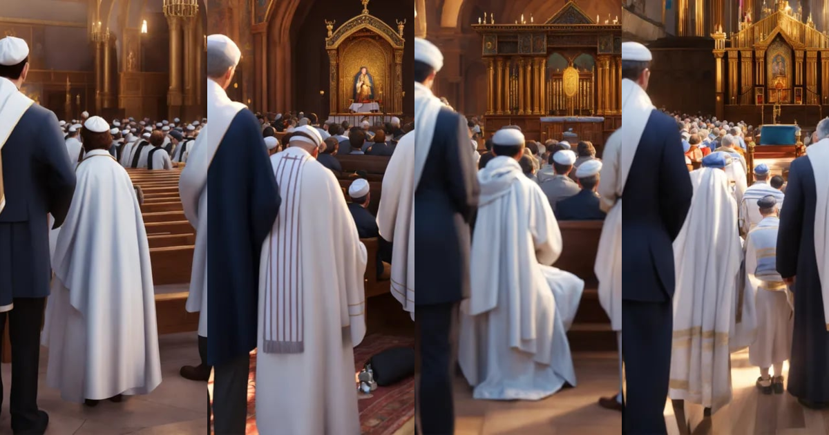 Lexica - A hundred Orthodox people sit in a synagogue with tallit and ...