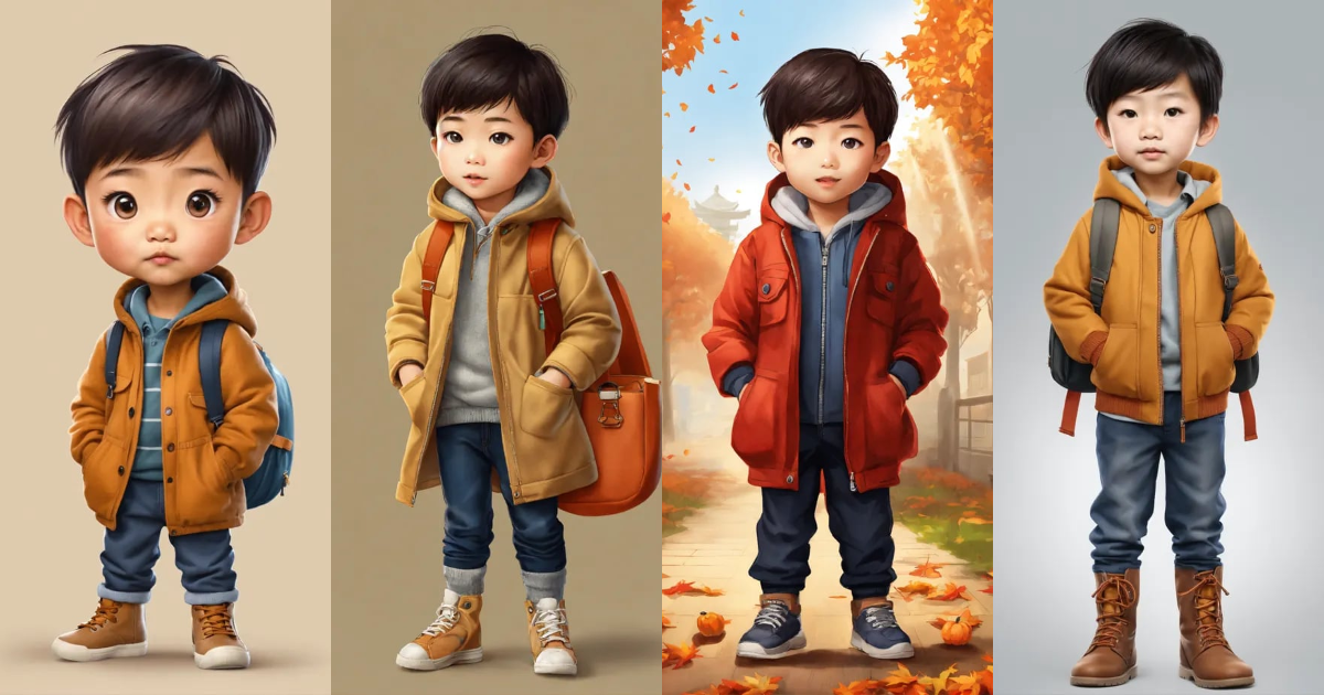 Lexica - Cartoon cute little Asian boy wearing fall clothes, no bag ...