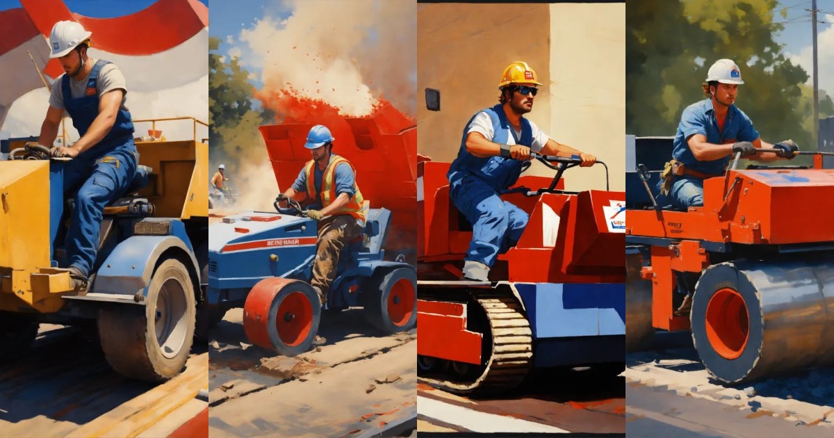 Lexica - Painting of a construction worker riding a asphalt paver into ...