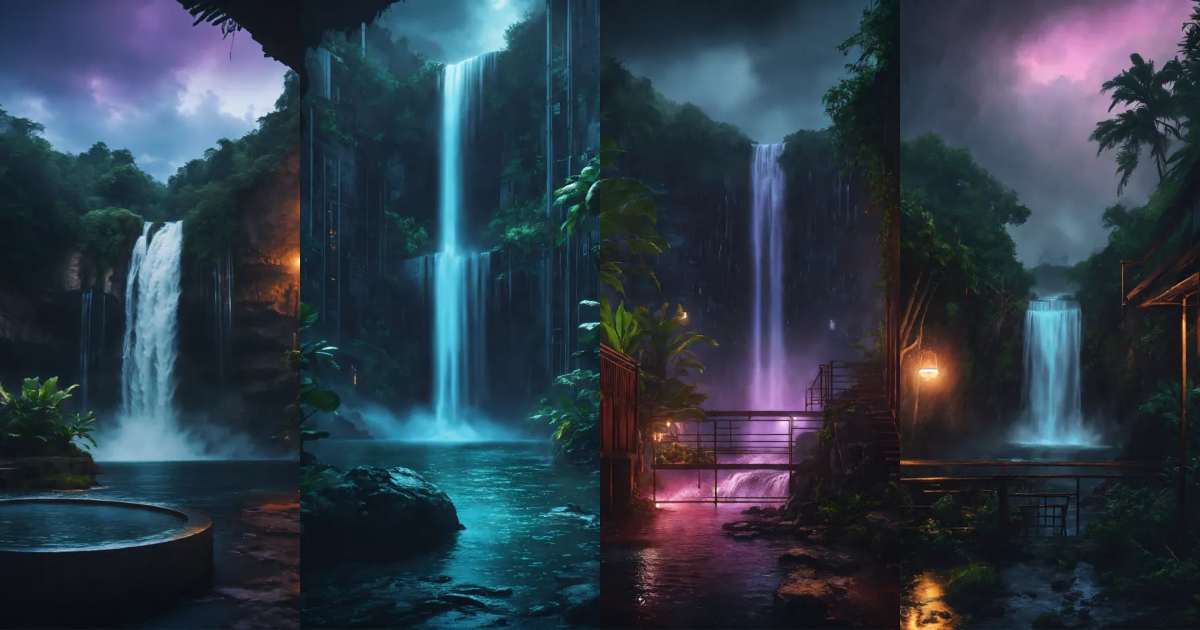 Lexica - Beautiful cozy waterfall with a view overlooking a cyberpunk ...