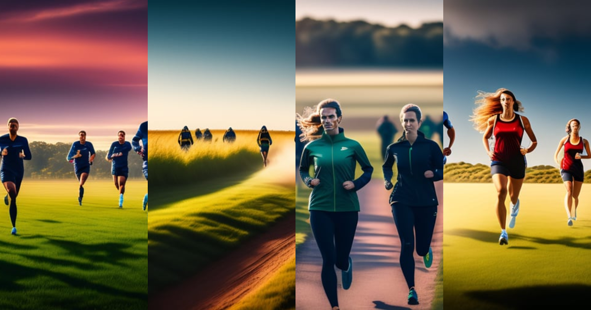 Lexica - Men and women chasing, front view, grass ground, sun, sharp faces