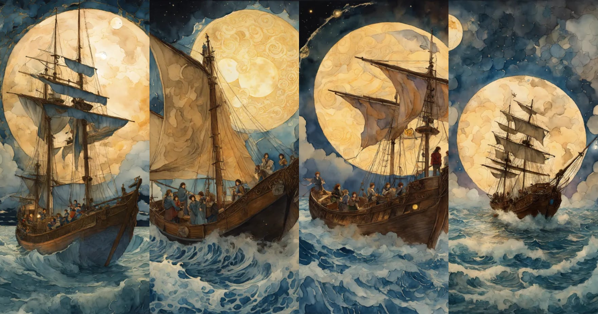 Lexica - A boat in a storm with crew holding sails. Tessellation ...