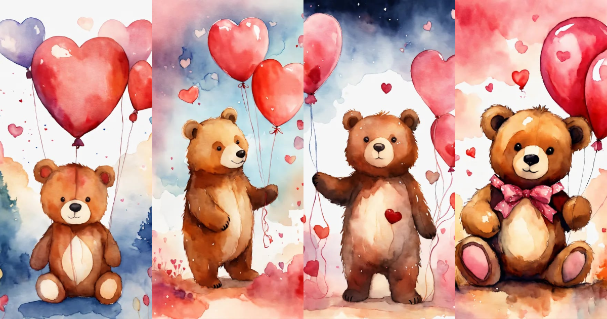 Lexica - A cute romantic bear with ballon heart watercolor style