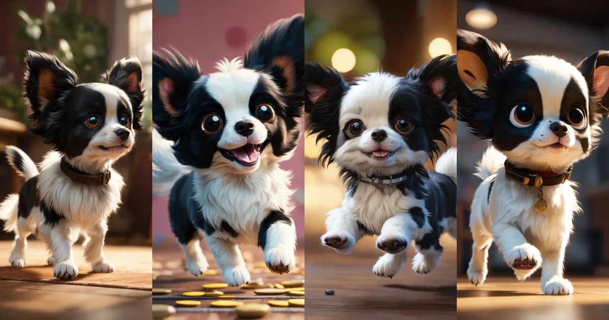Lexica - Toy art cute black white Papillion dog running barking , Pixar ...