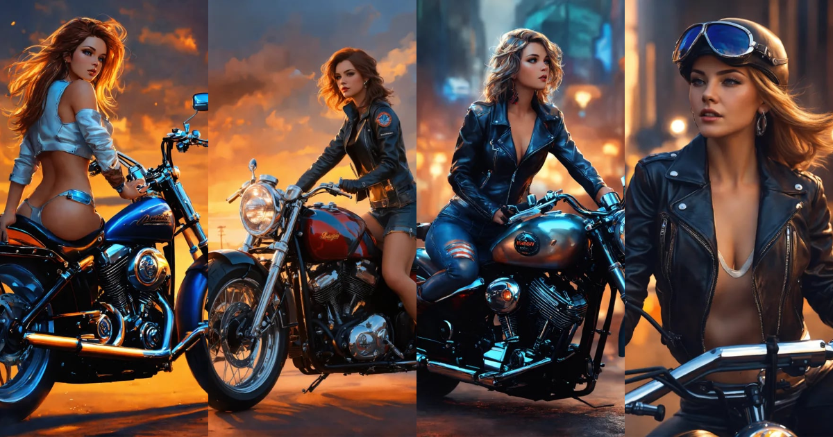 Lexica - Biker babe pinup. Amazing body, Gorgeous face. motorcycle-themed props, leather jackets ...