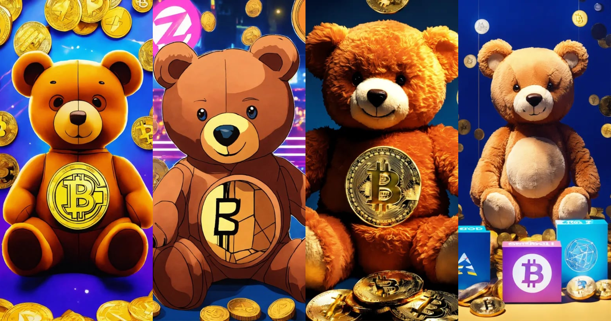 Lexica - Advertising poster of teddy bear , surrounded by cryptocurrency