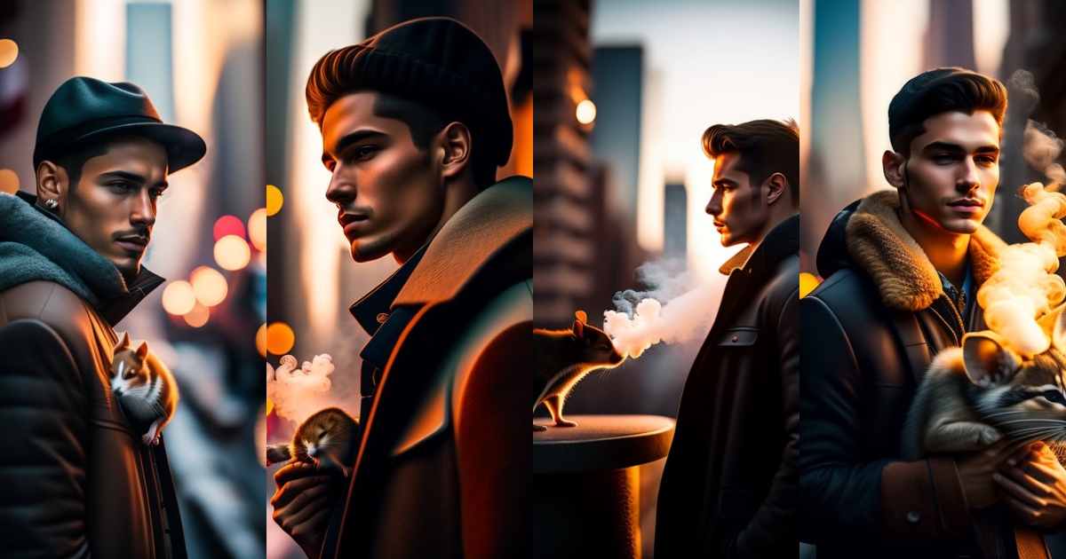 Lexica - Young Man log hair smoking holding a rat, long shot, cinematic ...