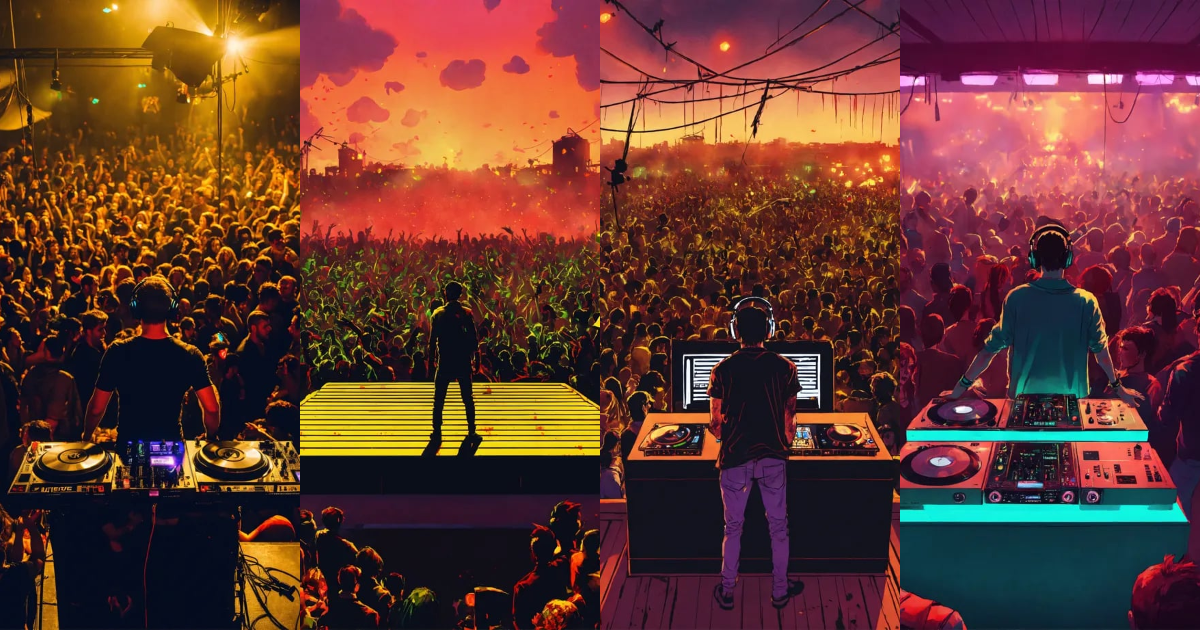 Lexica - A DJ on an elevated stage looking out over a crowded Rave ...