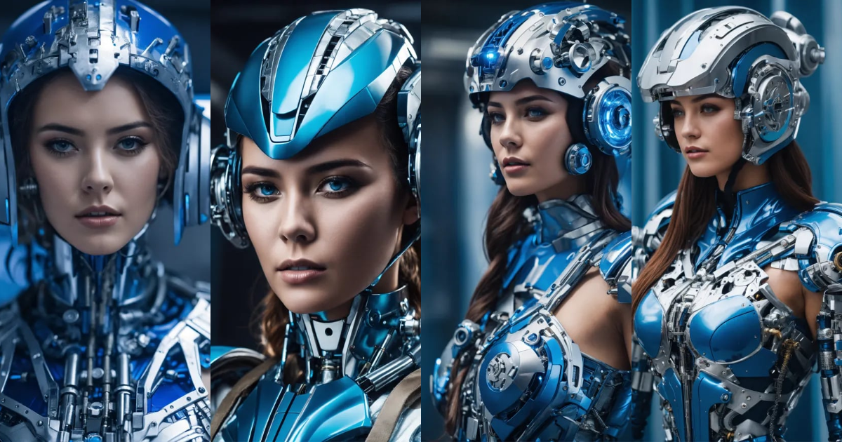 Lexica - Upper body of a cyborg woman in blue and silver mechanical ...