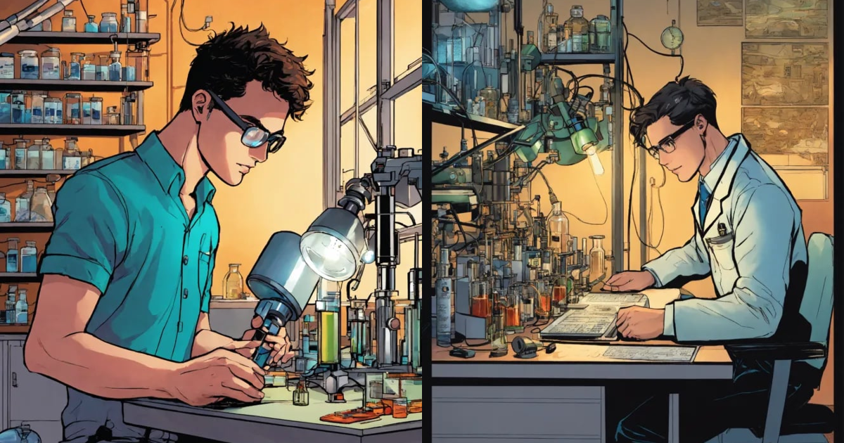 Lexica - Comic A young scientist is shown in his lab, working on ...