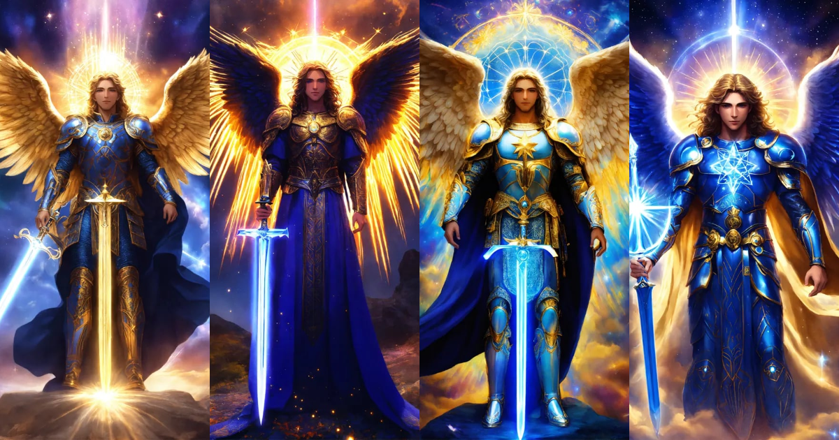 Lexica - Archangel Michael with real face, blue bumps of light, indigo ...