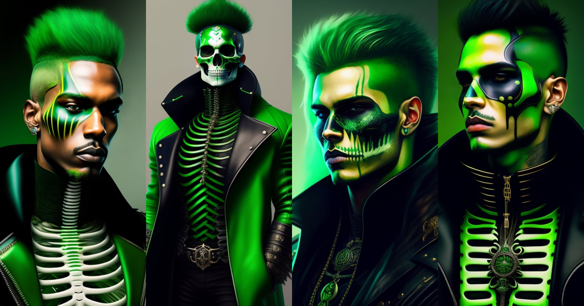 Lexica - Hyper detailed fine art portrait of skeleton punk with green ...
