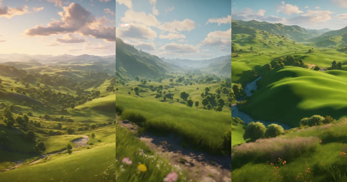 Lexica - Long shot of an epic landscape in summer with green rolling ...