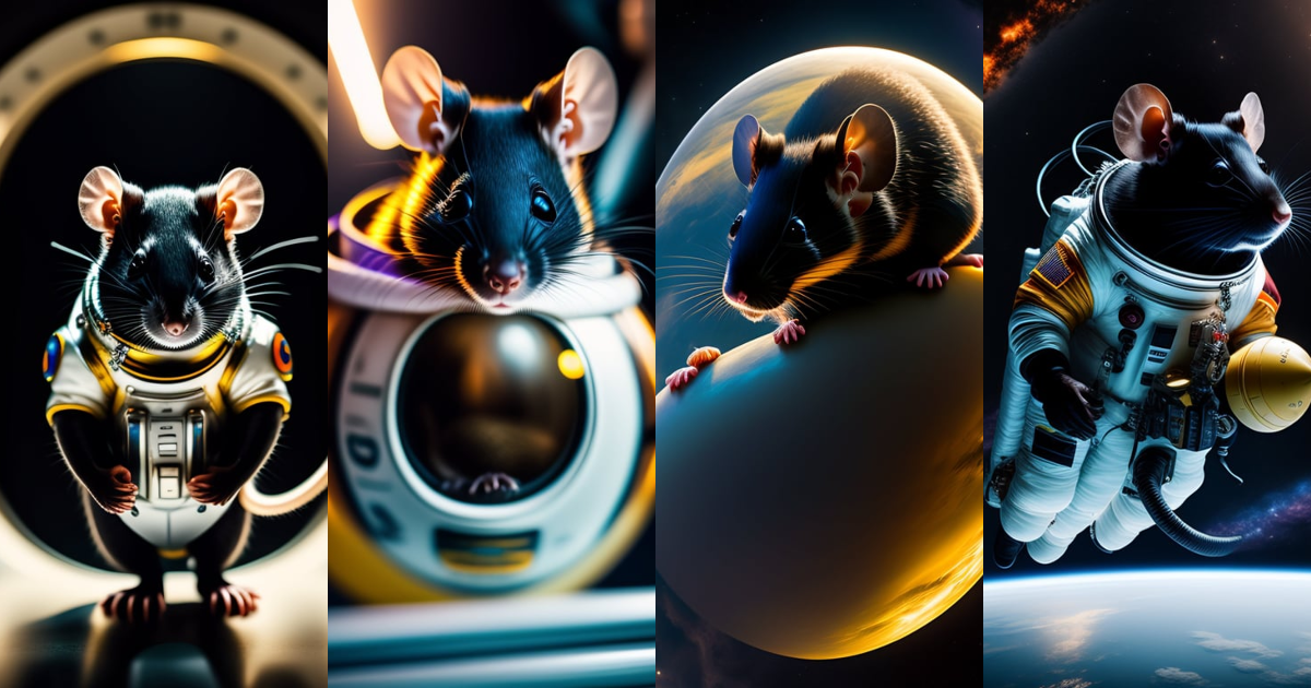 Lexica - A black rat in a german space suit in front of a space station
