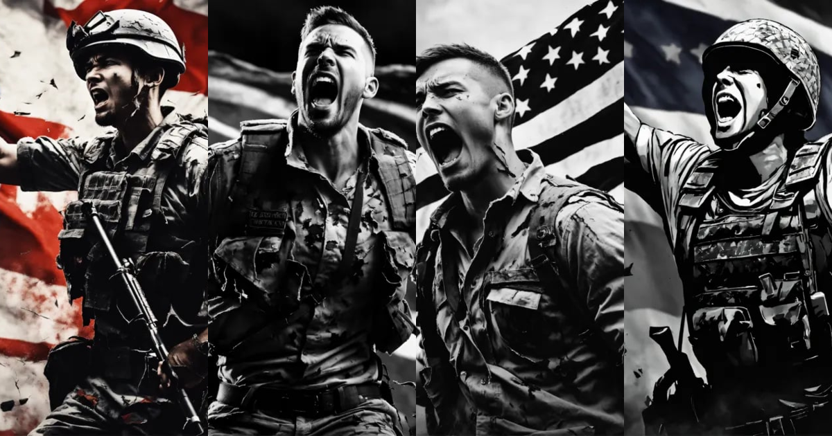 Lexica - Black and white illustration of enraged male soldier waving ...