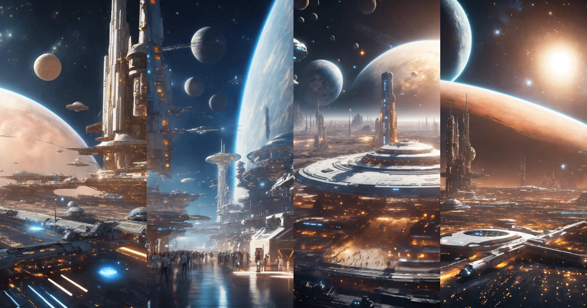 Lexica - Zoom out of busy white intergalactic space port in starry ...