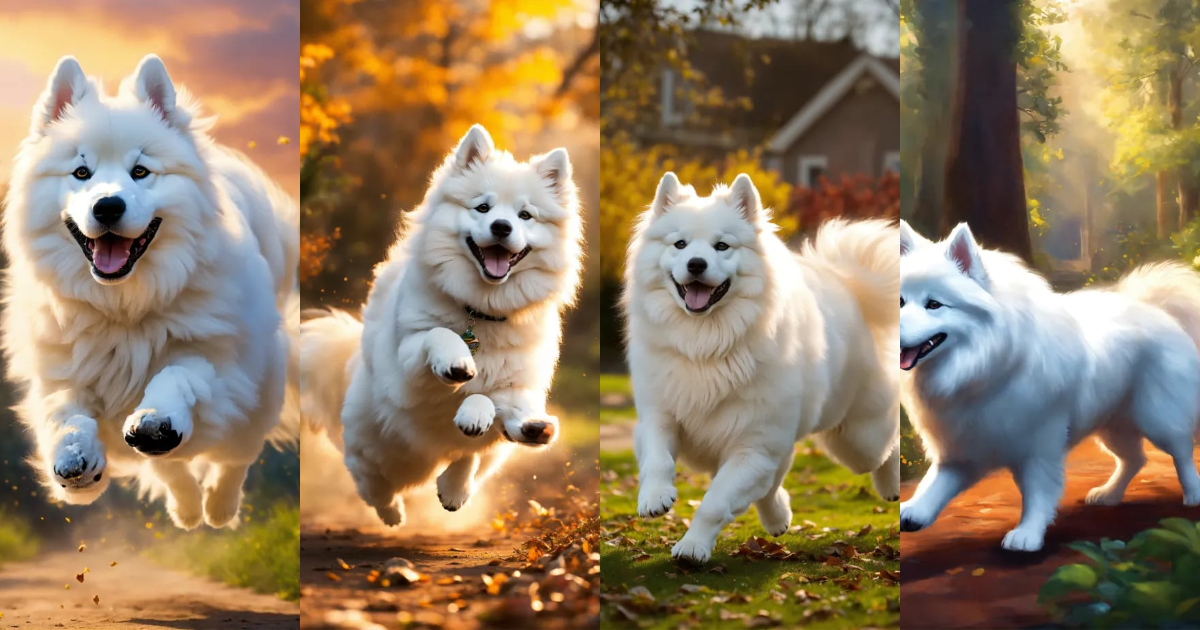 Lexica - A Samoyed dog jumping, playing, with lots of detail and ...