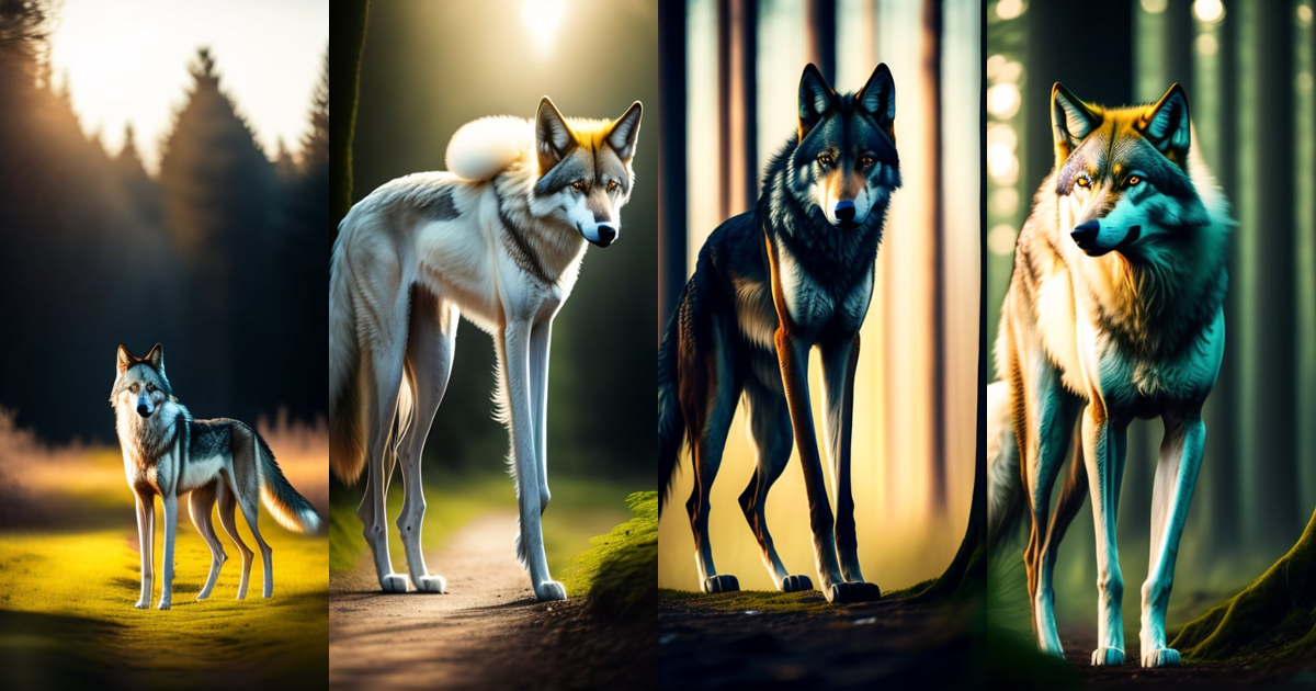 Lexica - Tall very emaciated wolf wearing stilts, dirty white fur, she ...