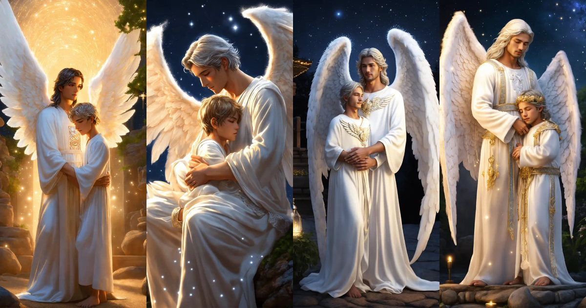 Lexica - 2 male guardian angels with detailed and luminous white angel wings. 1 male angel of 30 ...