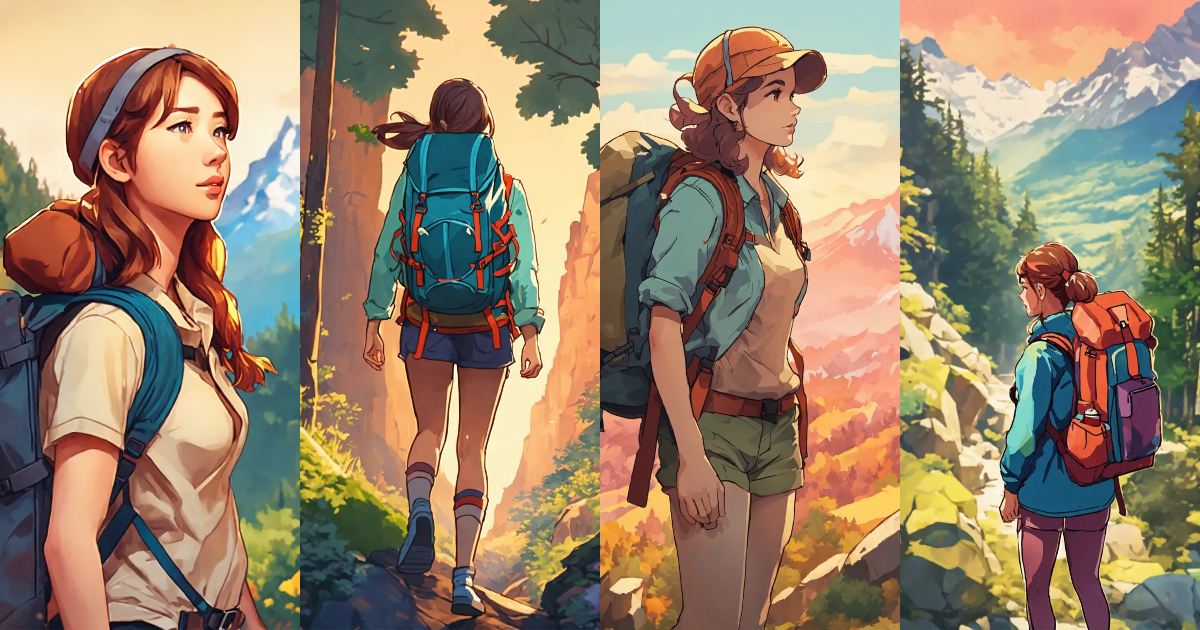 Lexica - A detailed illustration of a woman hiker, wearing a backpack ...