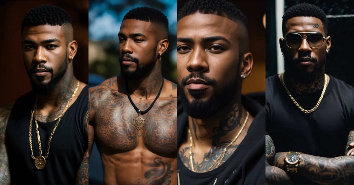 Lexica - Rugged, black male, goatee, low cut, temple fade, tattoos ...