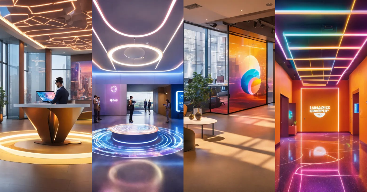 Lexica - Imagine a grand office entrance hall where employees from ...