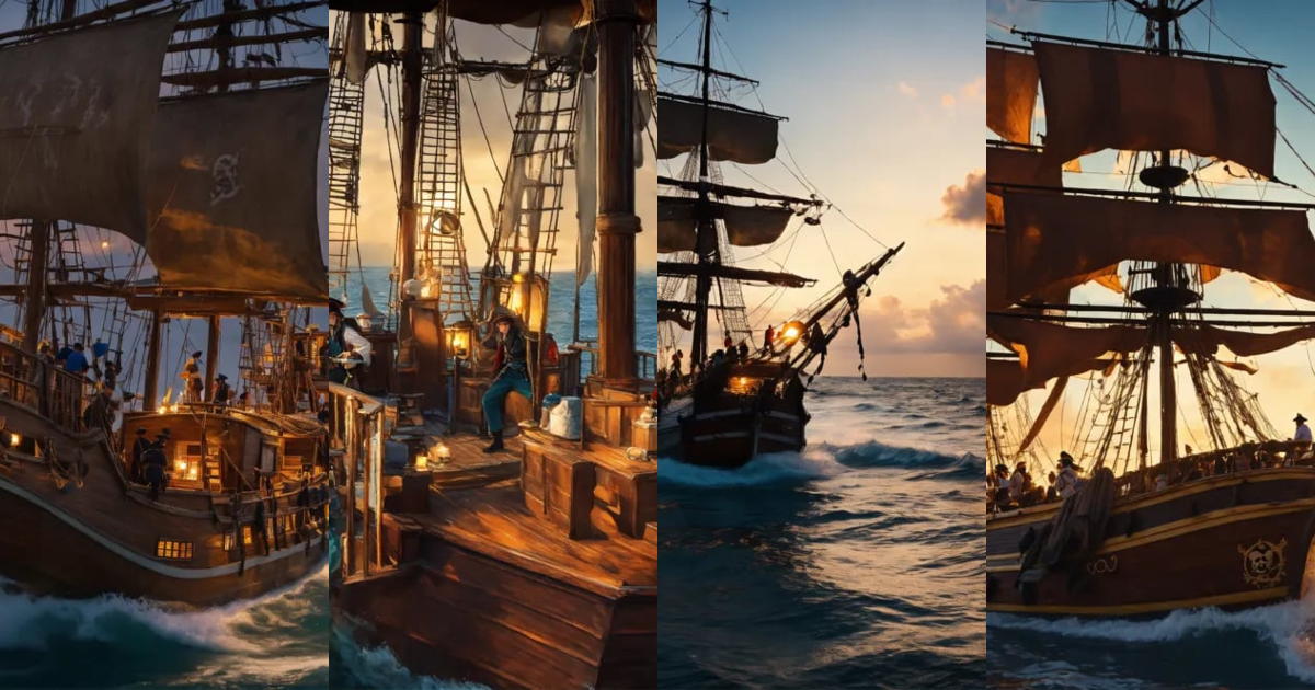 Lexica - Pirates sur un bateau en mer, avec des fûts de rhum partout ...