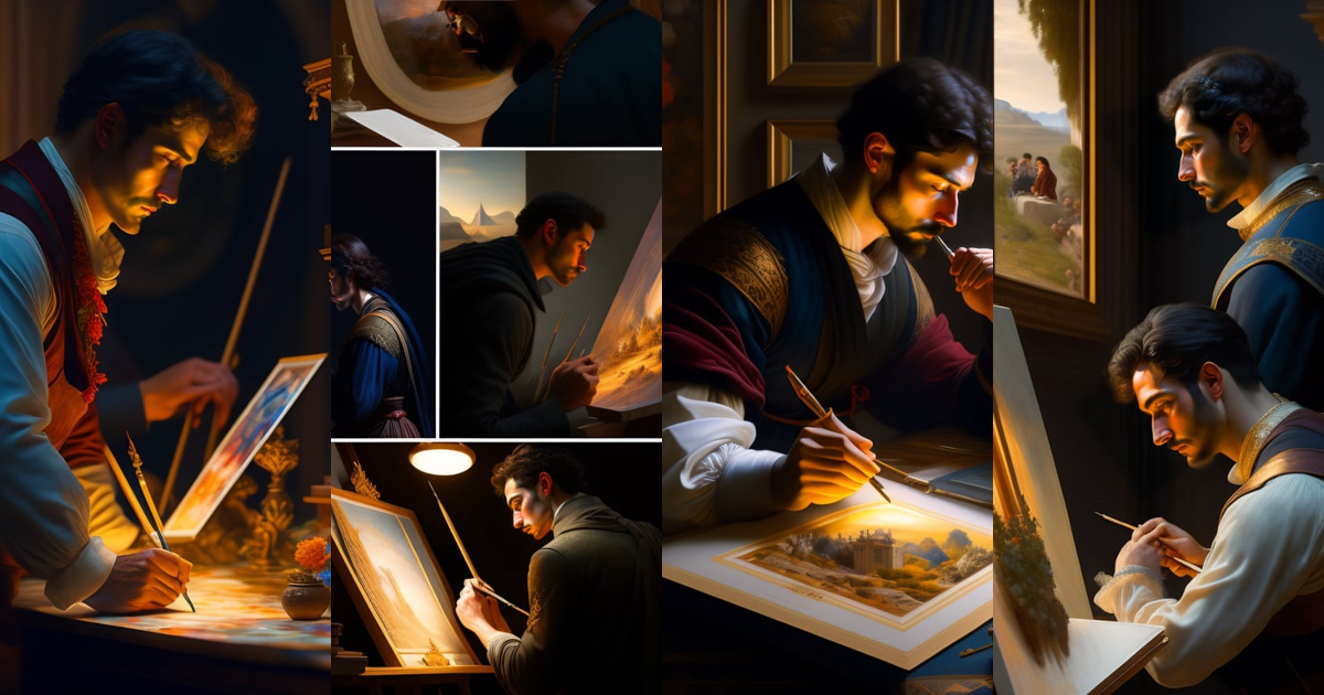 Lexica - A painter in his studio painting a collage, by edgar maxence ...