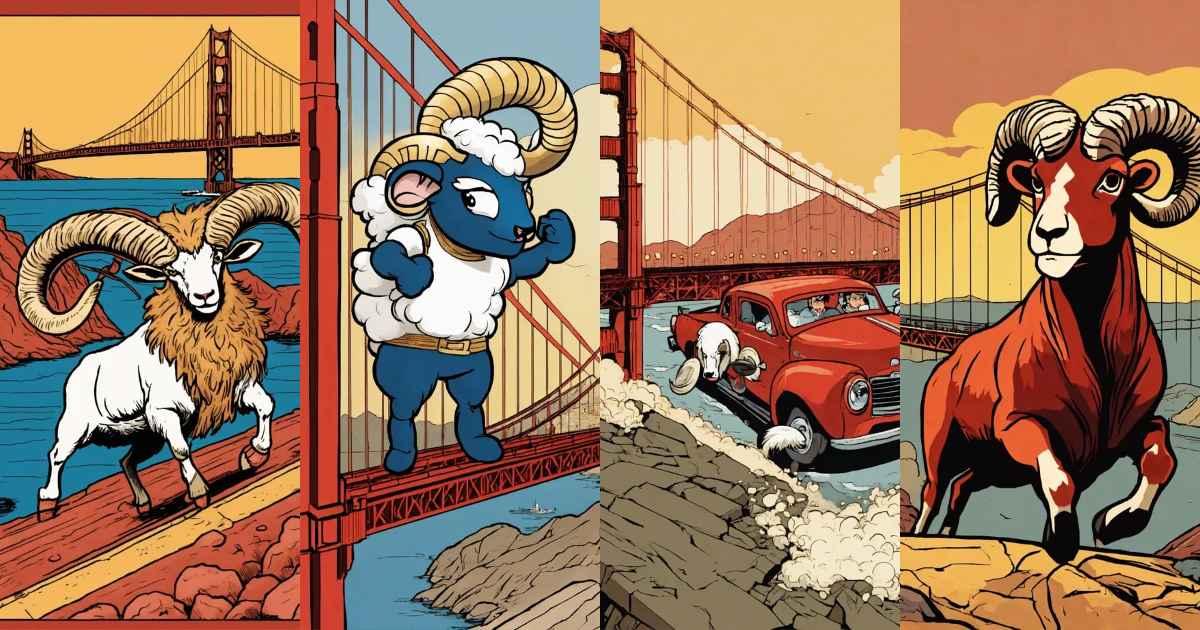 Lexica - An angry Ram punching the Golden Gate Bridge comic strip