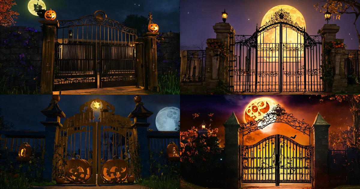 Lexica - Sinister manor gate halloween night moon
