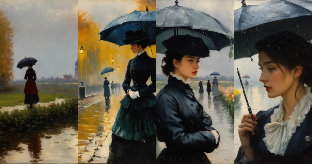 Lexica - Monet romanticism, portrait, rainy, vintage, black. oil painting