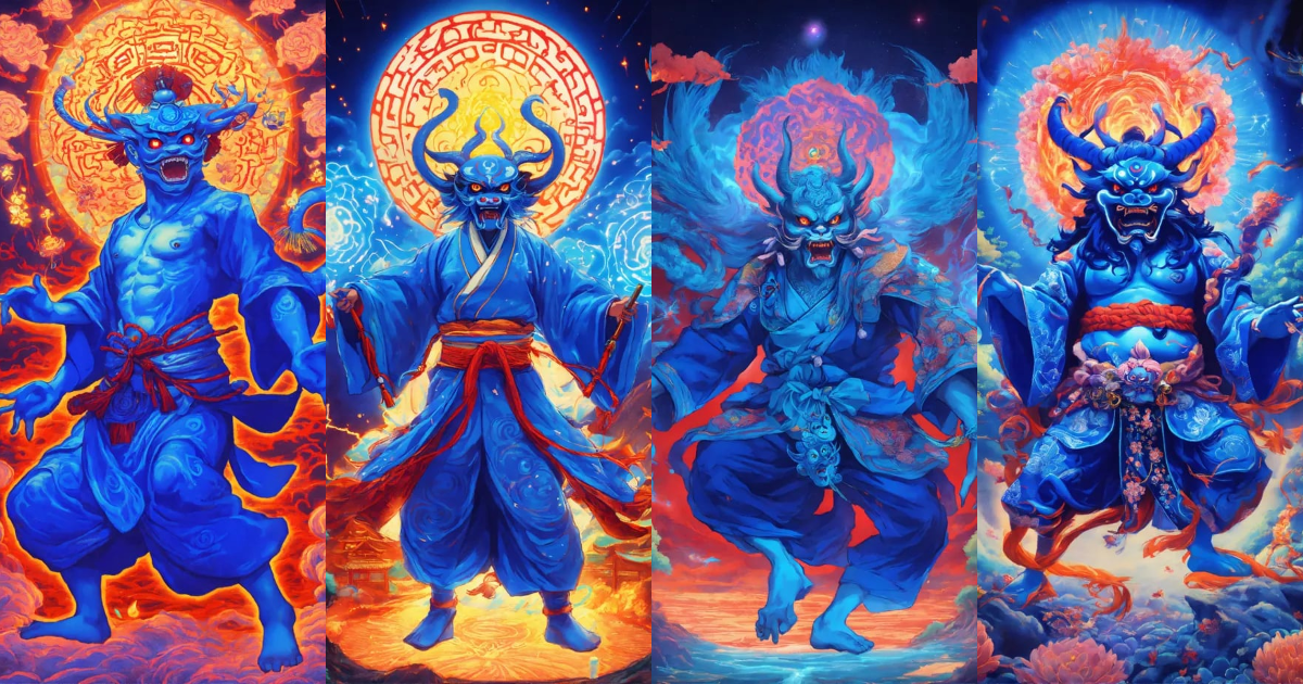 Lexica - Japanese Yokai Oni dancing in electric blue strobe light with ...