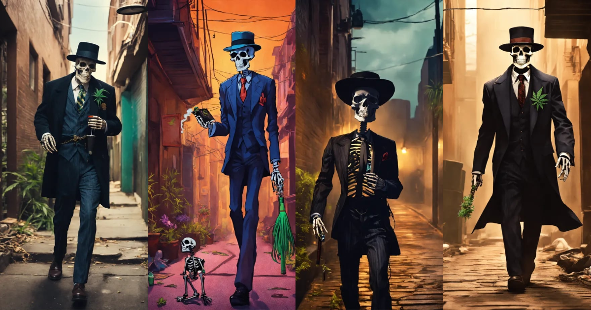 Lexica - A skeleton walking down an alley dressed like a mobster ...