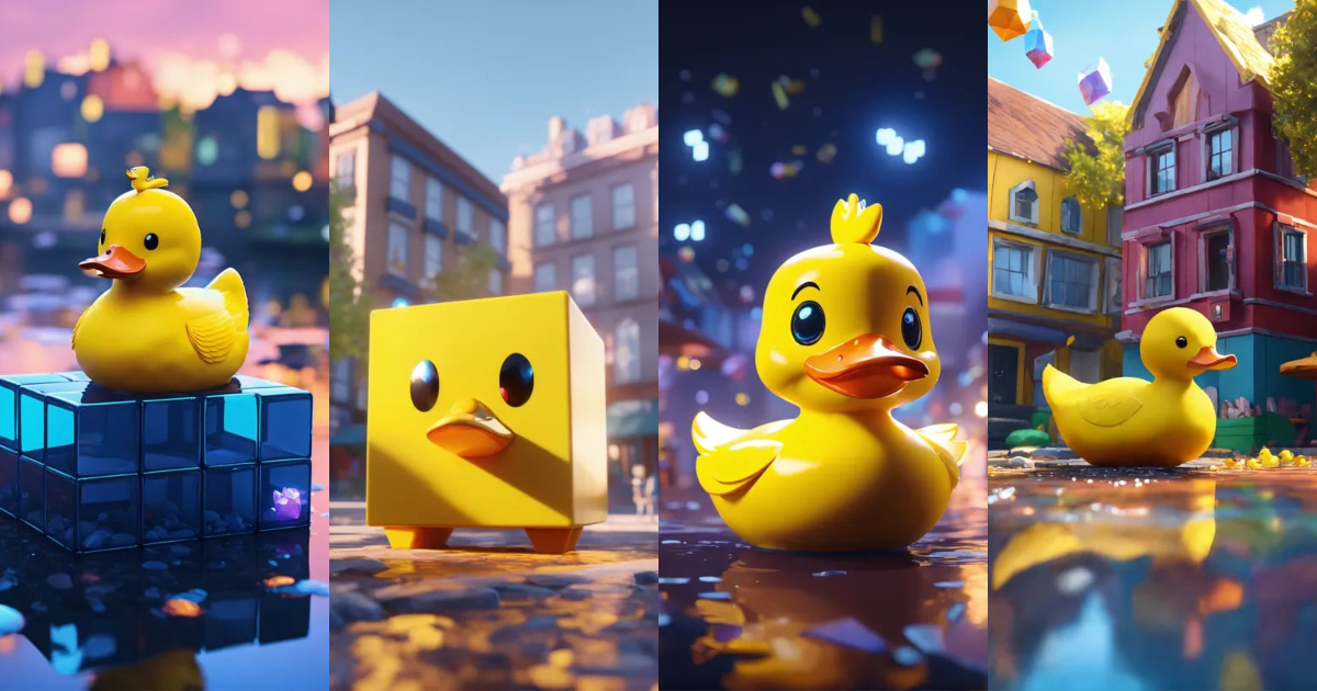 Lexica - A cute yellow cube duck in a cube and prism town, unreal ...