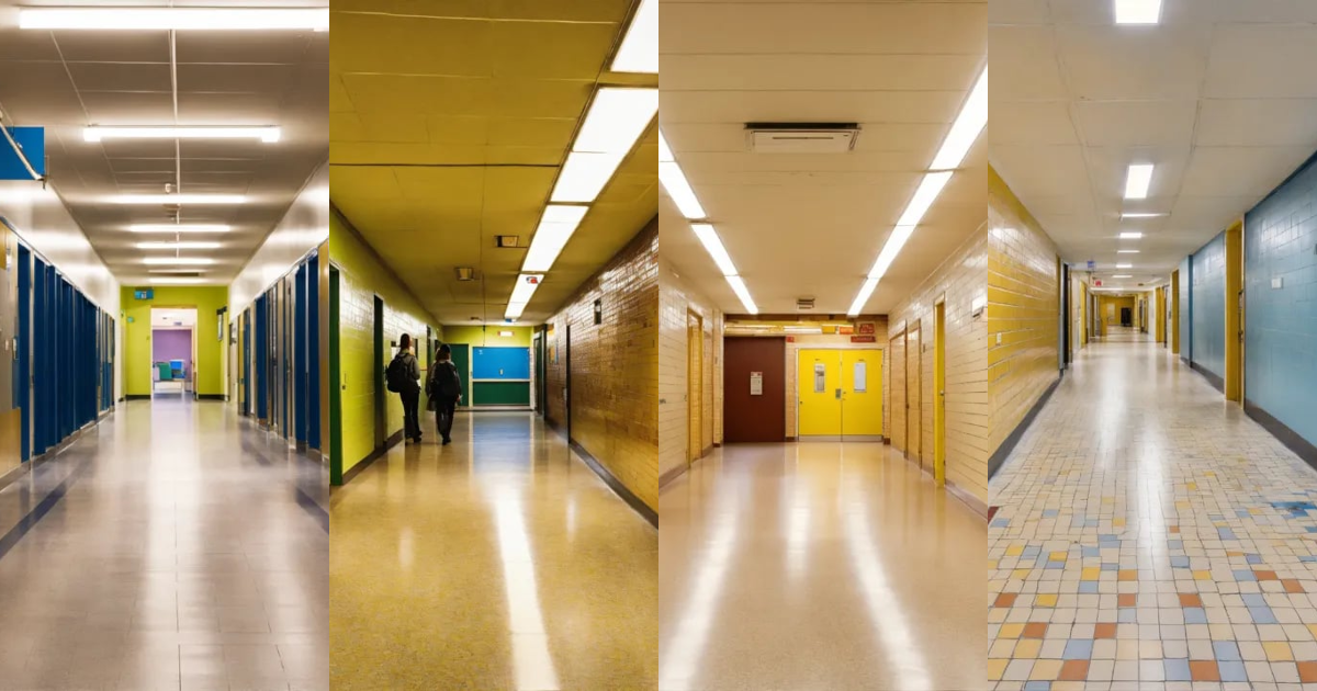 Lexica - A school hallway with large, smooth walls with a light tiled floor
