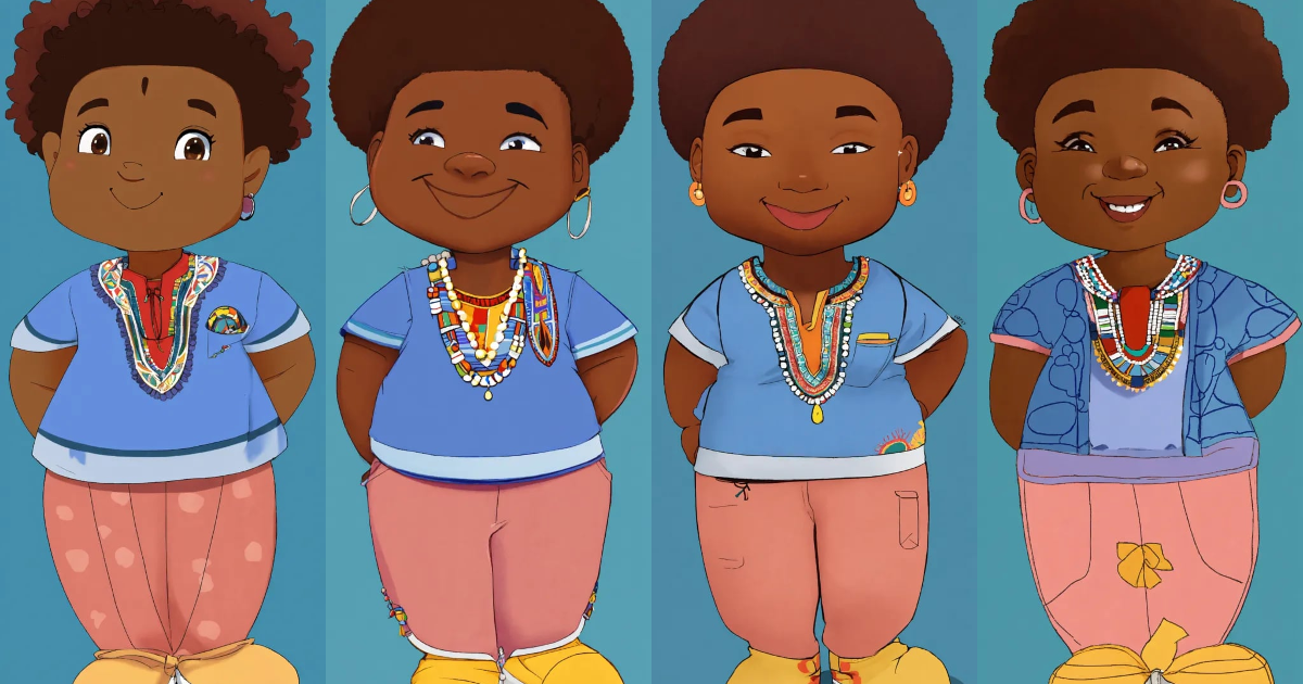 Lexica - Cartoon, wearing vivid dashiki, smiling.