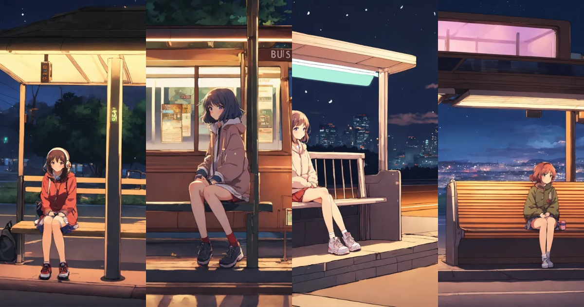 Lexica - A cute anime lofi girl waits at an empty bus stop at night
