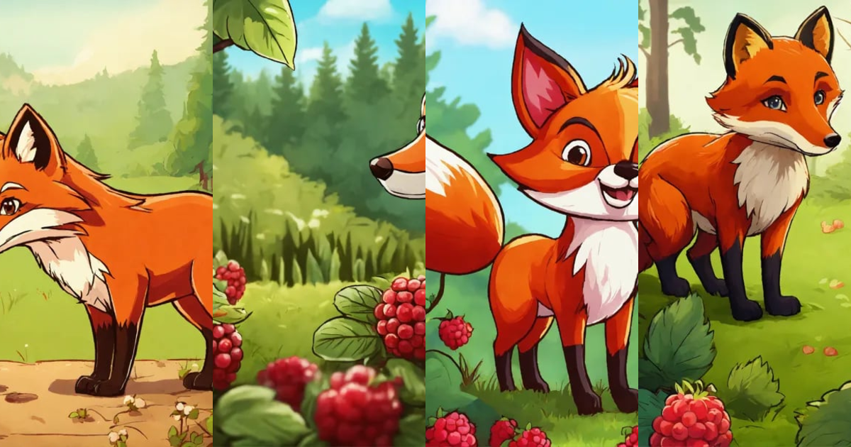 Lexica - Cartoon style. A cute huge fox is sneaking in the raspberry ...