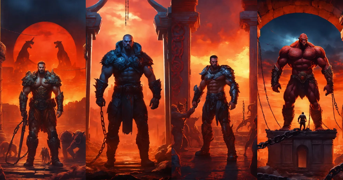 Lexica - Captives chained to pillars and a huge strong male monstrous ...