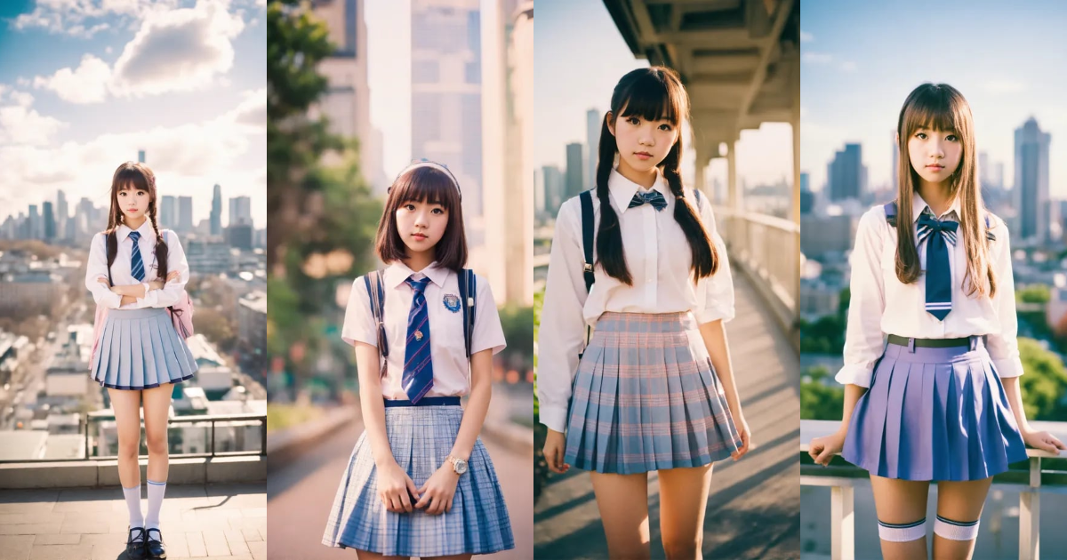 Lexica - Portrait, kawaii schoolgirl, glimmering eyes, school uniform, mini skirt, city skyline ...