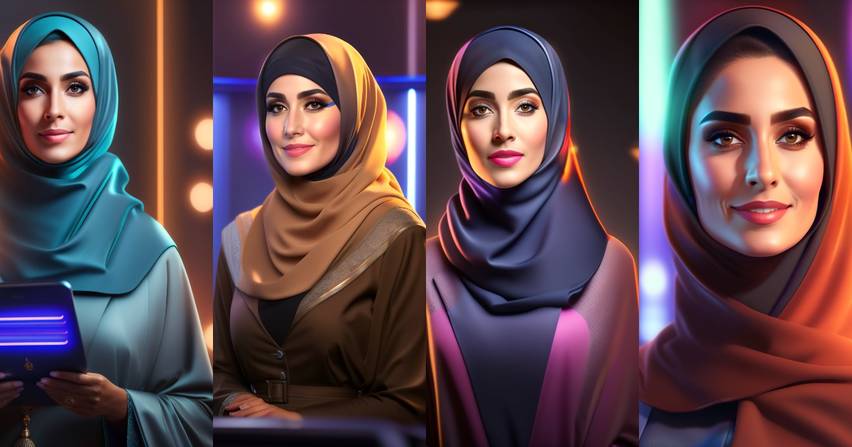 Lexica - A arabic news anchor stands in the center of a room, her hijab ...